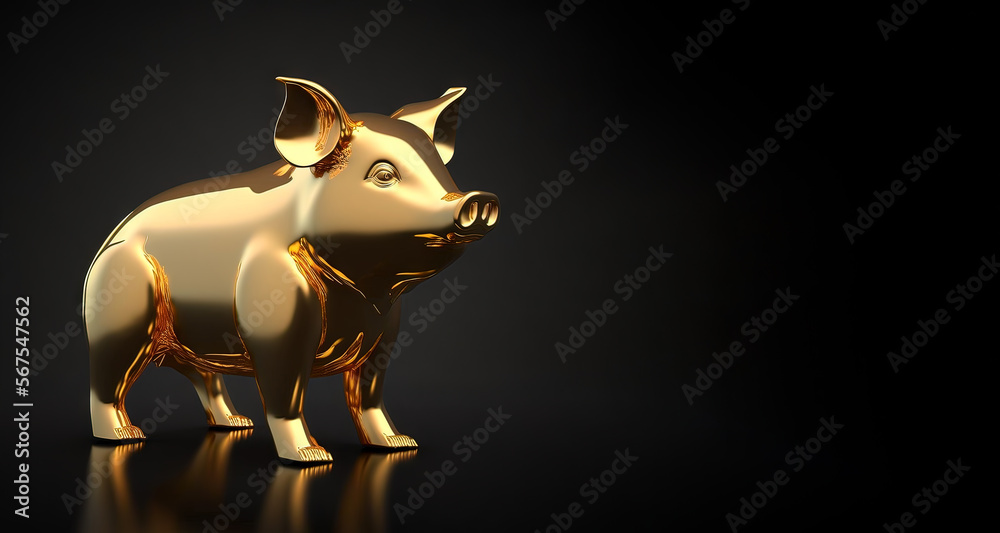 Pig made out of solid gold, golden pig on a dark background. Image created with generative ai ...