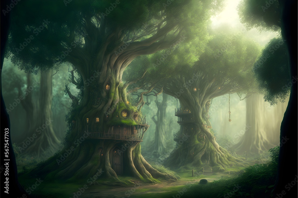 fantasy forest treehouse village cloaked wood elves in the foreground ...