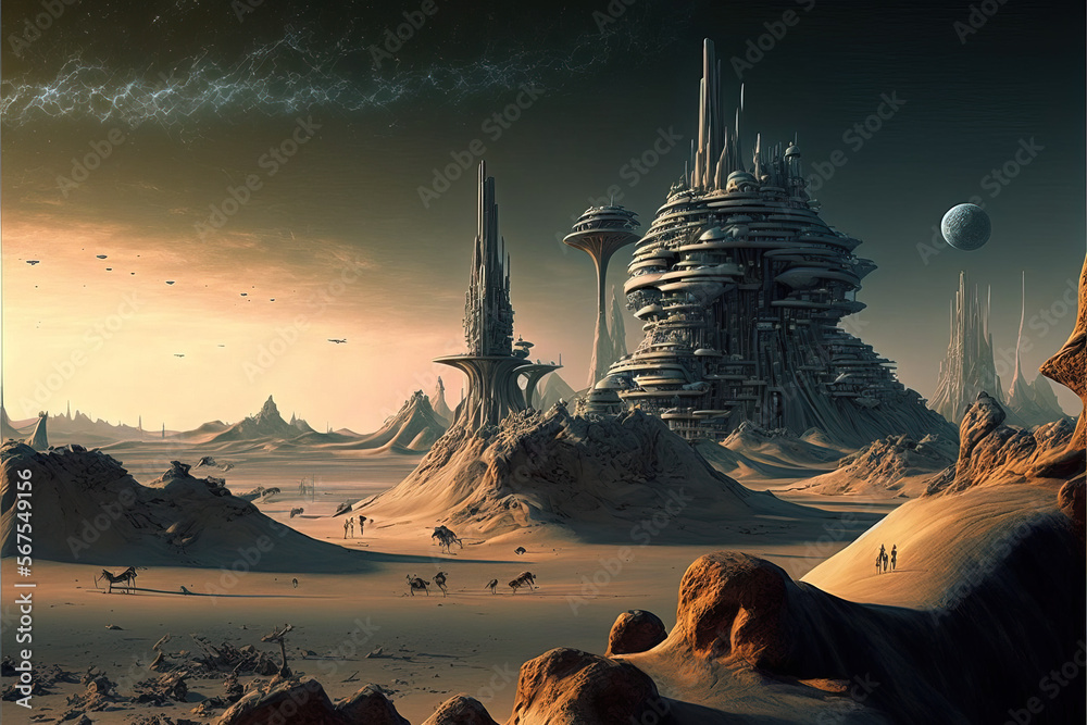 Expansive Alien Realm: Sculptural and Dusty Landscape with Distant ...