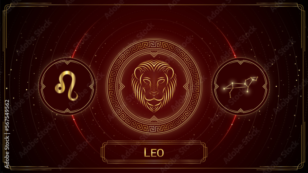 Lion Leo Zodiac Sign, Symbol, Stellar Star Constellation, Classic Greek Meander Wheel, Horoscope ...
