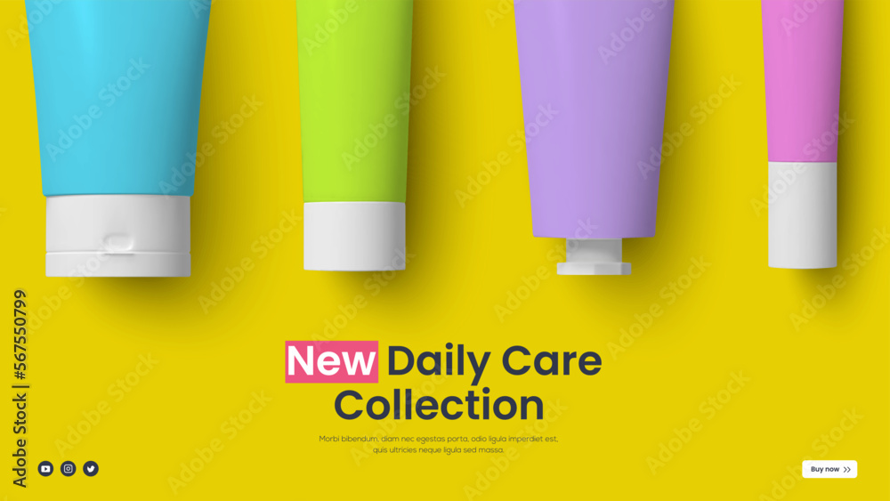 Set of colored cream tubes on a yellow background. Banner cover ...