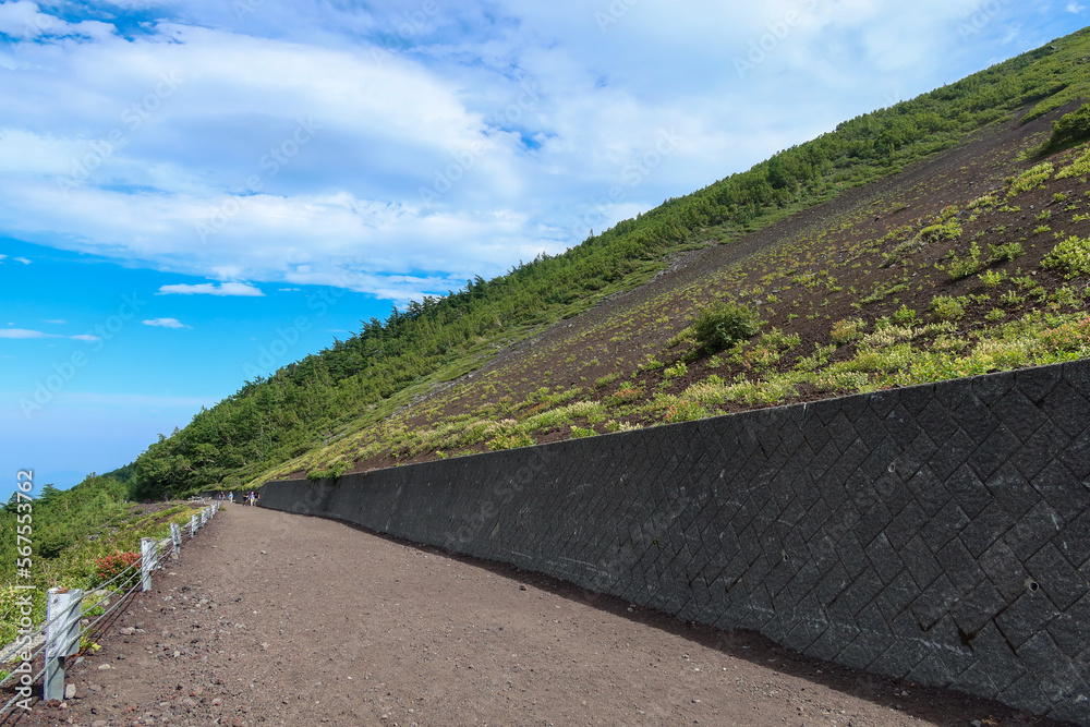 Mt Fuji trail between the 5th and 6th station on Fujiyoshida route with ...