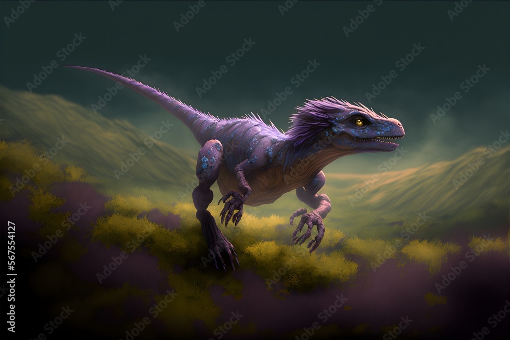 lavender scaled creature running through grass two legged beak full ...