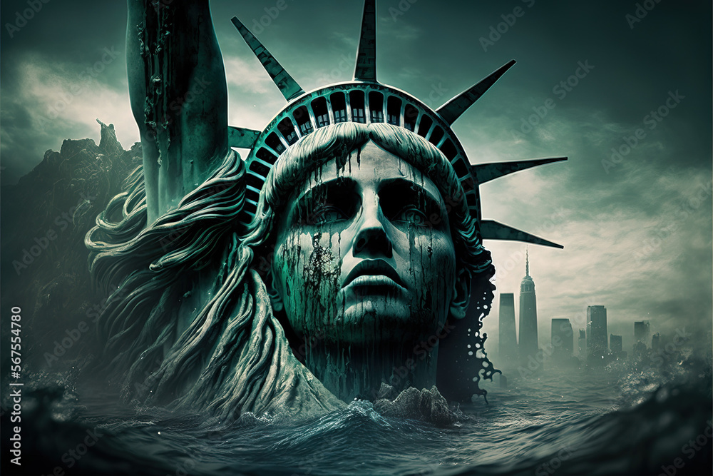 The statue of freedom,, NY, submerged by the waters, an apocalyptic ...