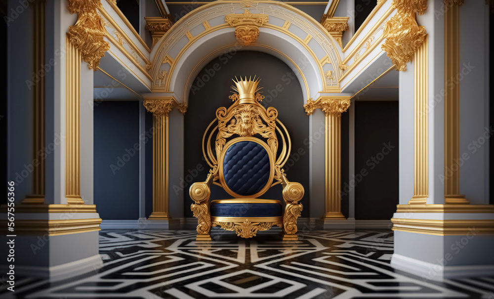 The Throne Room with Gold royal chair on a background of red curtains ...