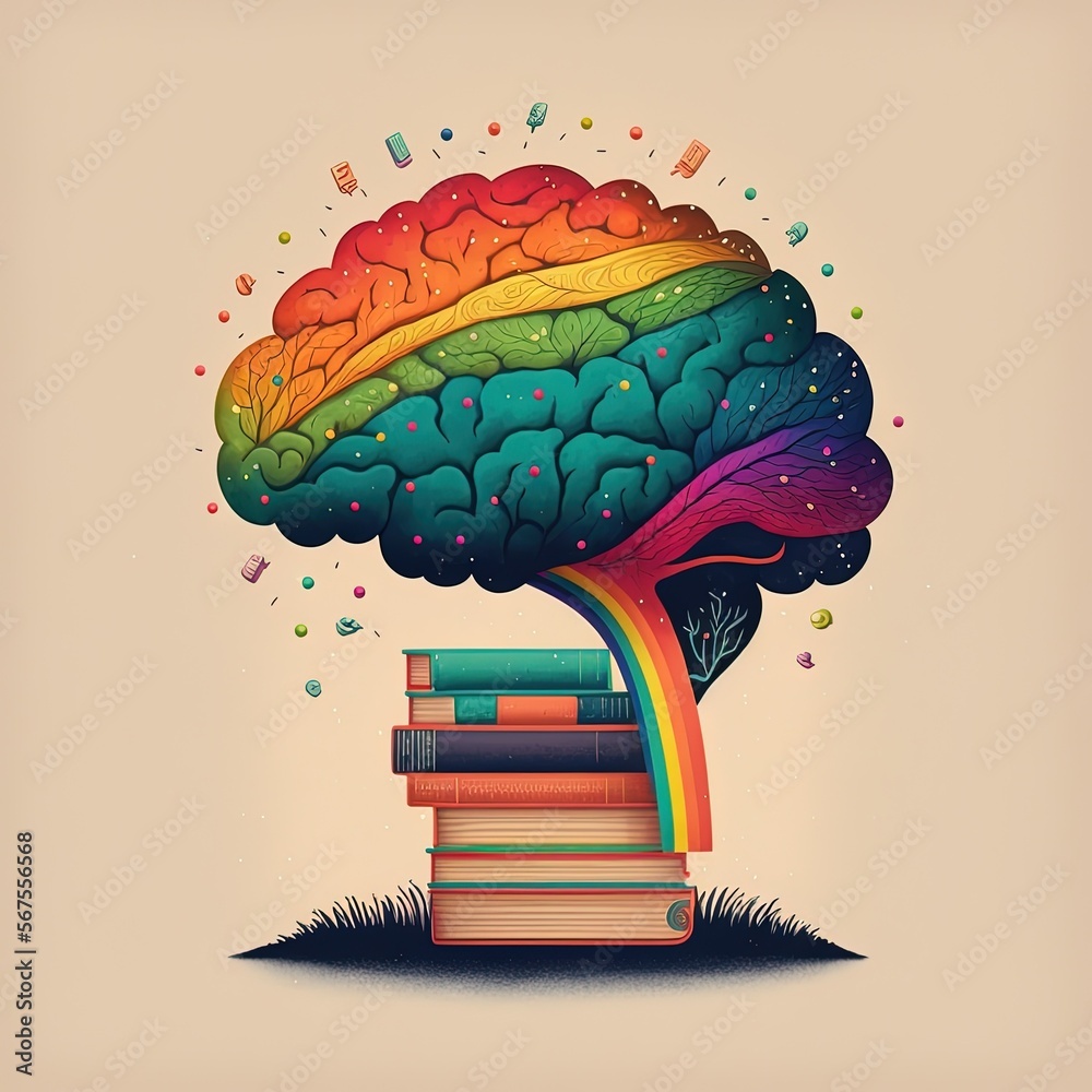 This whimsical image shows a brain with a library inside, its neurons ...