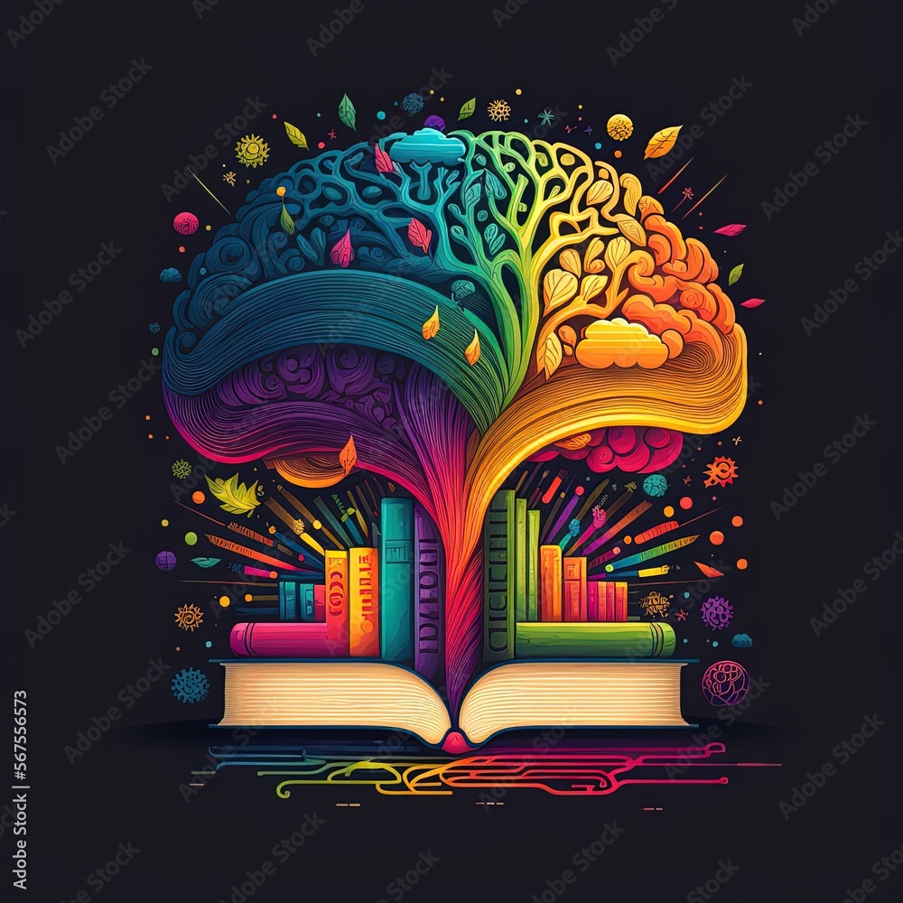 This whimsical image shows a brain with a library inside, its neurons ...