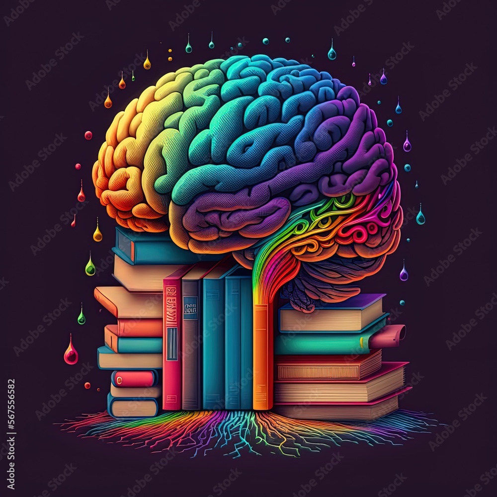 This whimsical image shows a brain with a library inside, its neurons ...
