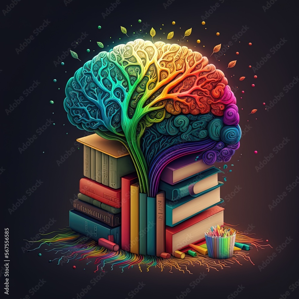 This whimsical image shows a brain with a library inside, its neurons ...