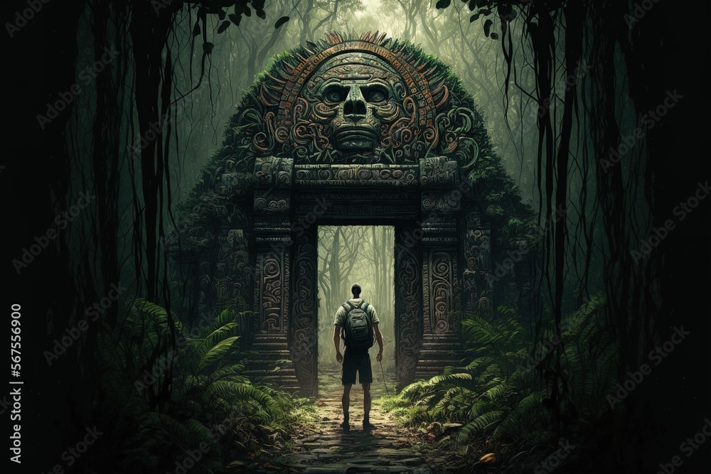 Mayan gate in the forest. Generative AI. Concept art of an explorer ...