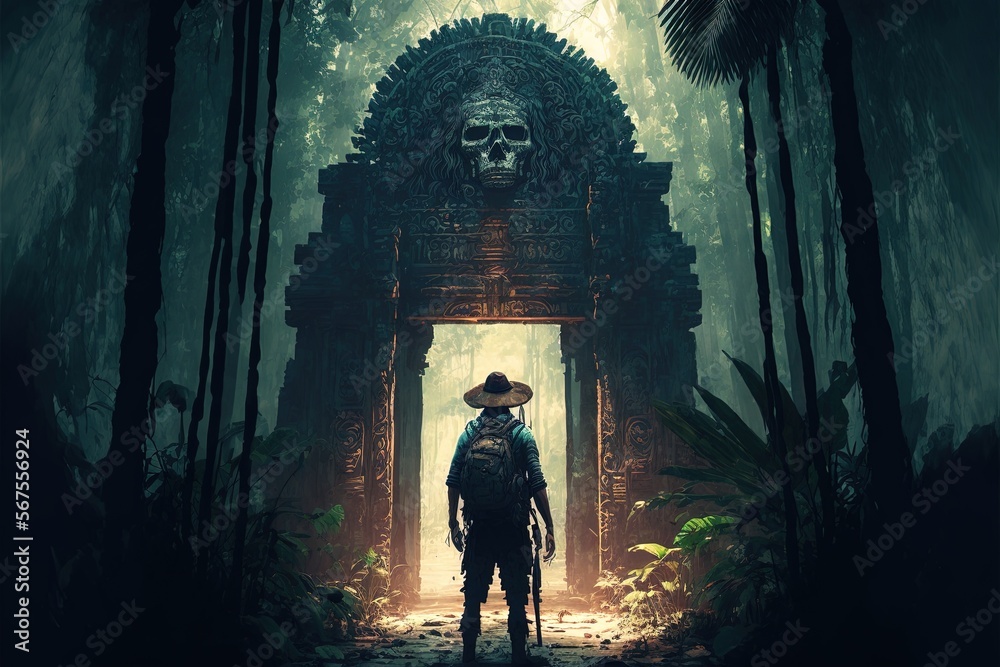 Mayan gate in the forest. Generative AI. Concept art of an explorer ...