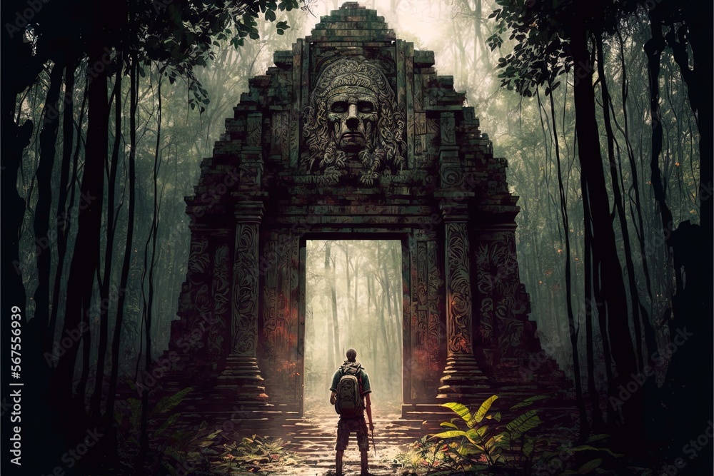 Mayan gate in the forest. Generative AI. Concept art of an explorer ...