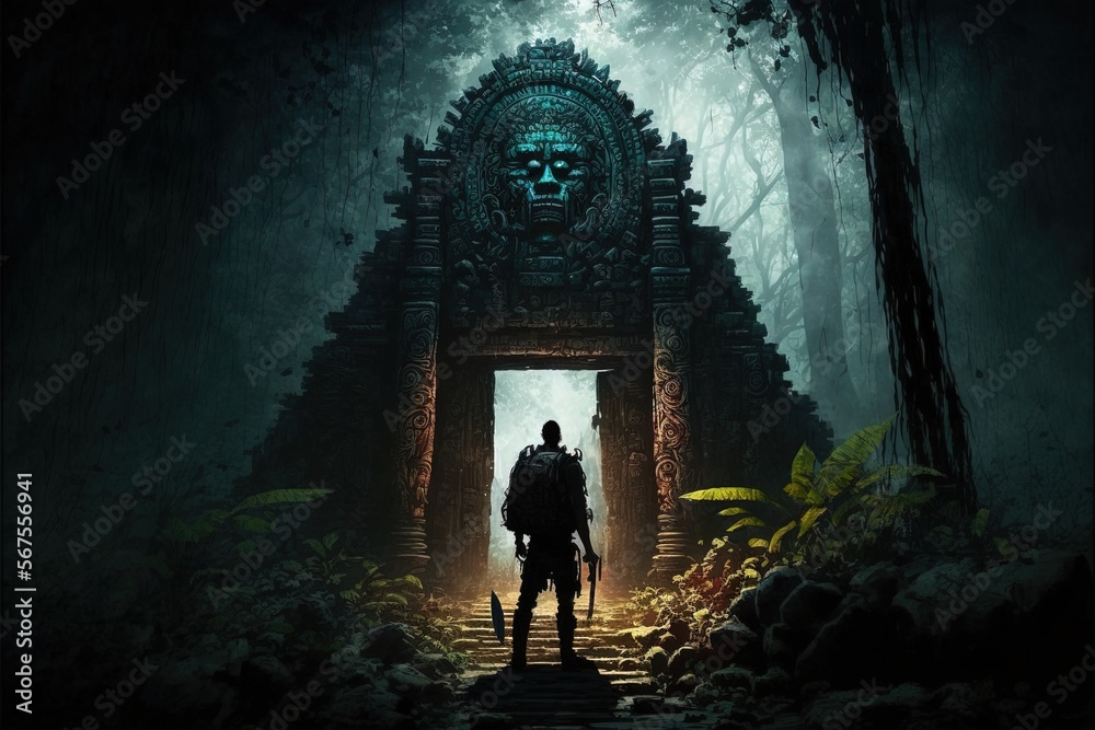 Mayan gate in the forest. Generative AI. Concept art of an explorer ...