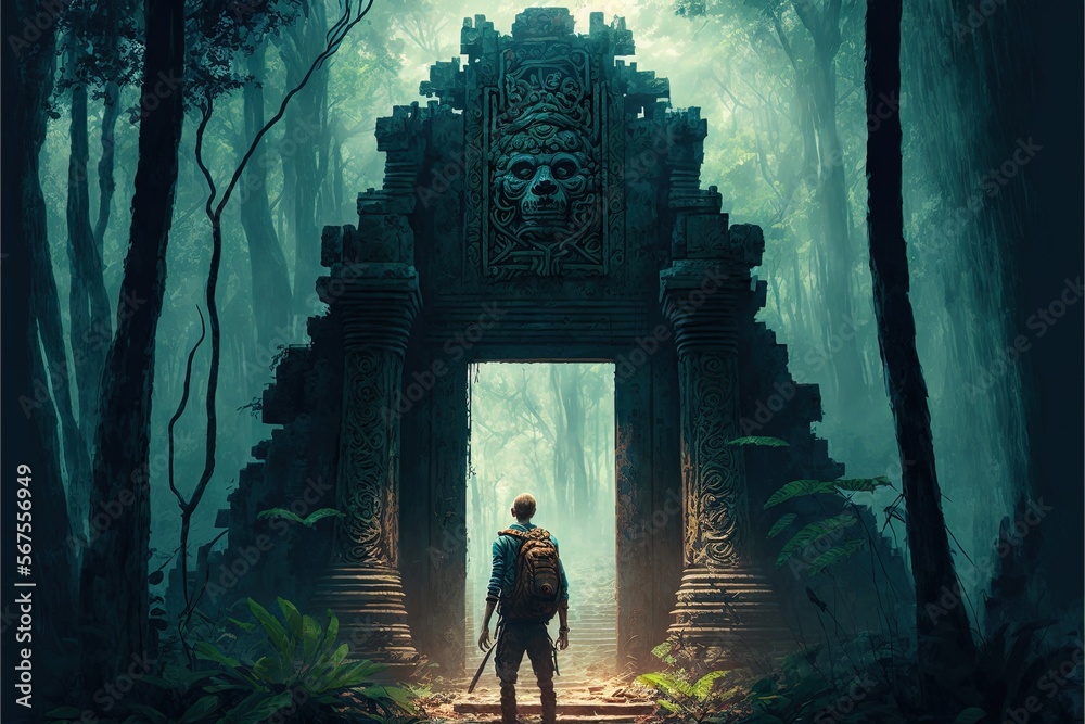 Mayan gate in the forest. Generative AI. Concept art of an explorer ...