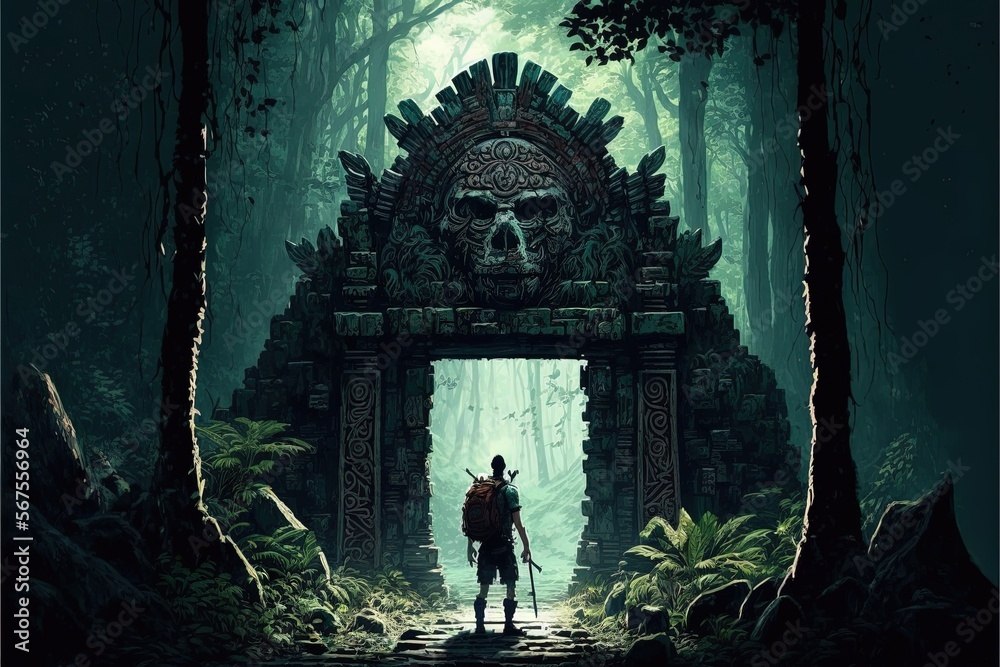 Mayan gate in the forest. Generative AI. Concept art of an explorer ...