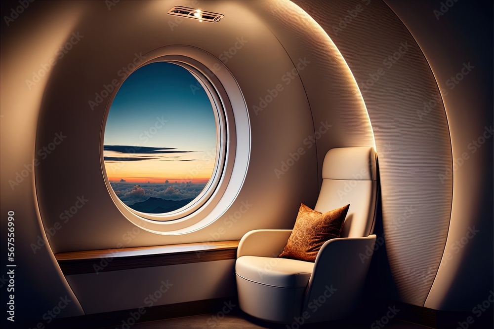 Luxurious first class airplane seat with lots of windows. Generative AI ...