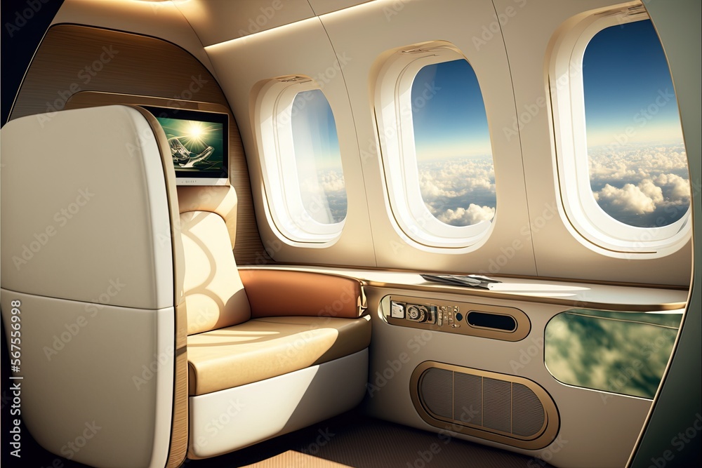 Luxurious first class airplane seat with lots of windows. Generative AI ...