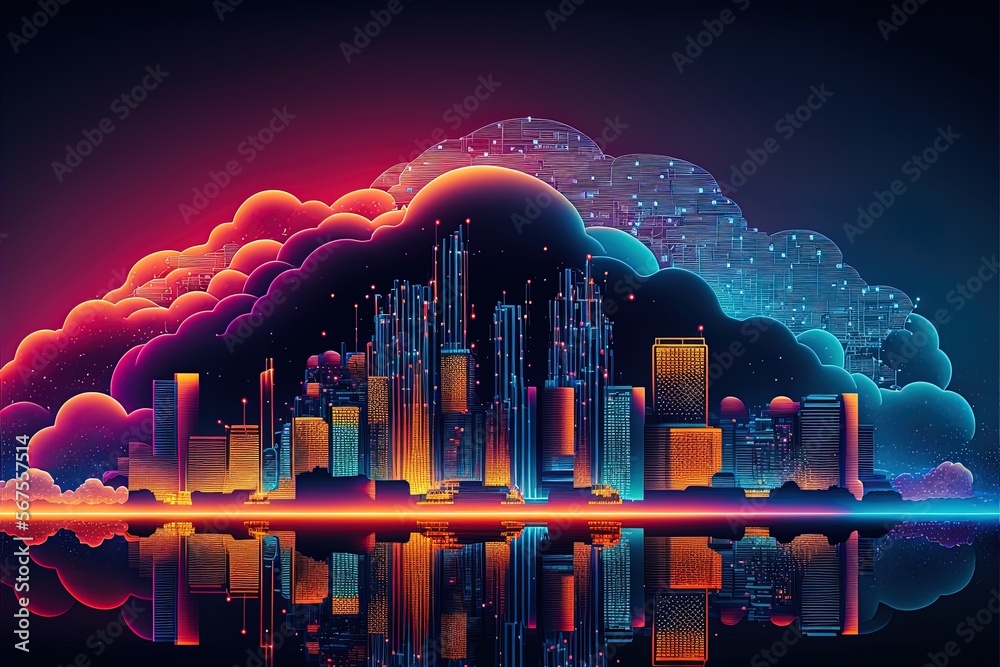 Cloud computing technology above the city concept background, digital ...