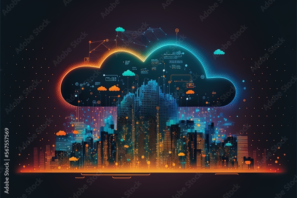 Cloud computing technology above the city concept background, digital ...