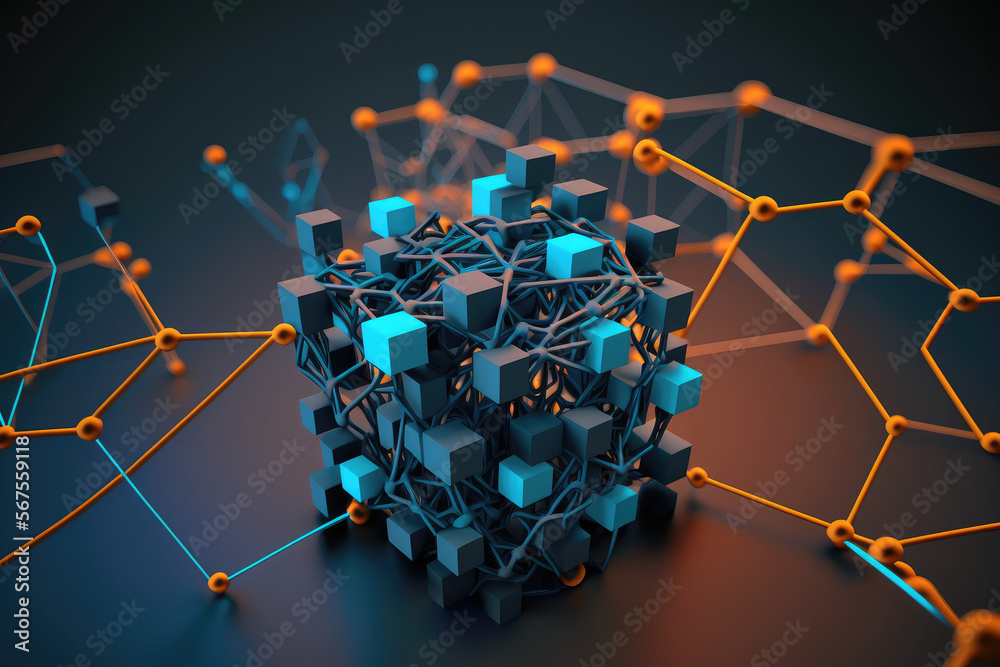 Dynamic 3D visualization of interconnected blockchain nodes, generative ...