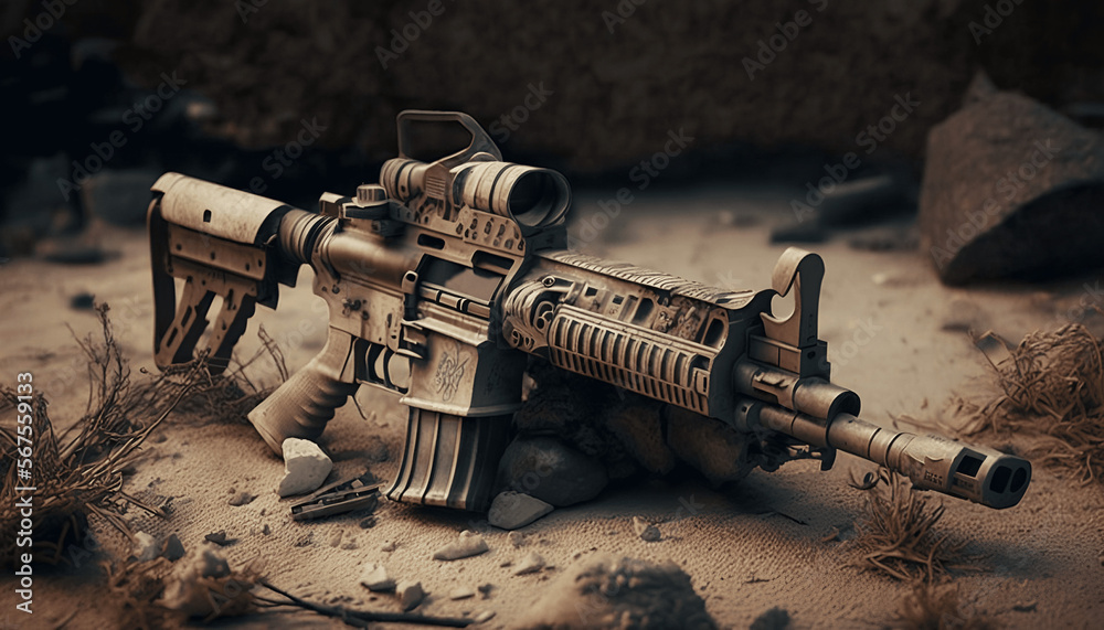 Rifle lying on the ground, military. Generative AI. Stock Illustration ...