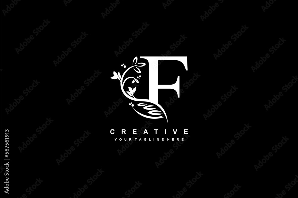 letter F logo design with flowers, leaves and feathers in a beautiful ...