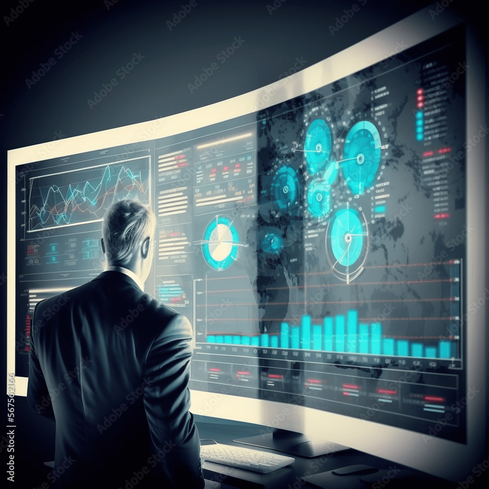 Analyst looking at a digital futuristic analytics dashboard with ...
