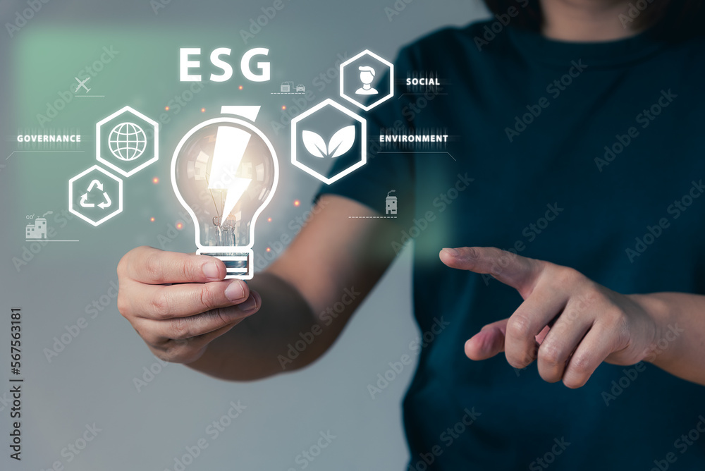 ESG environmental social governance, sustainable, person using hand touching esg icons on ...