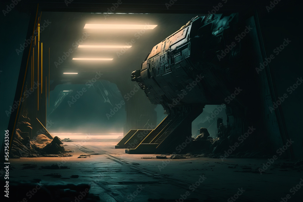 Science fiction space scene sci-fi_render spaceship with neon lights ...