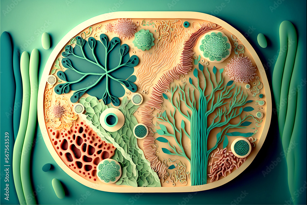 Paper cut style illustration of microscopic view of cells, bacteria ...