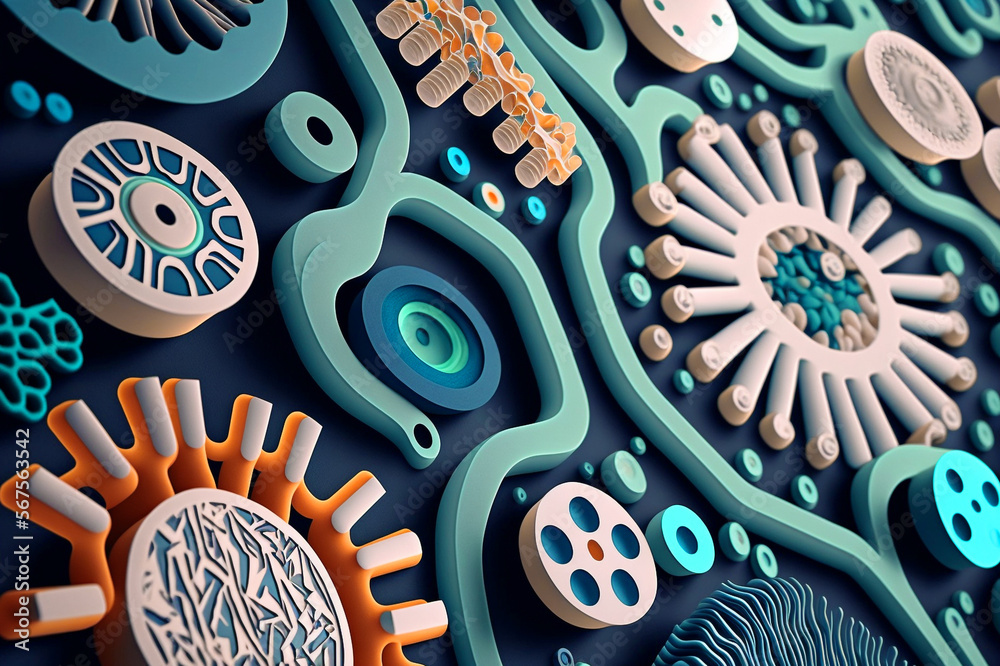 Paper cut style illustration of microscopic view of cells, bacteria ...