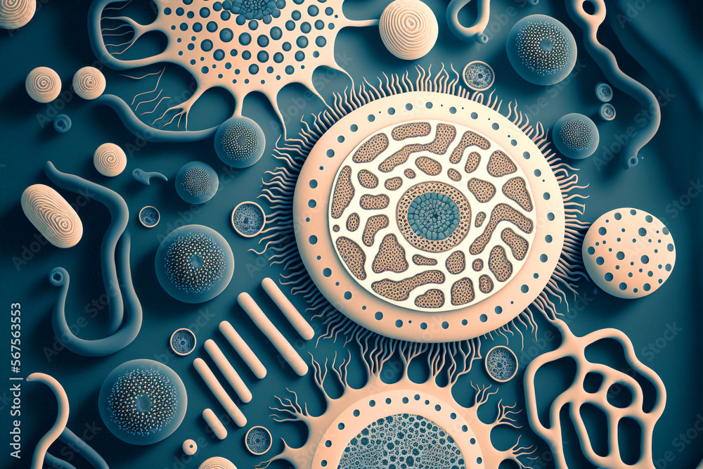 Paper cut style illustration of microscopic view of cells, bacteria ...