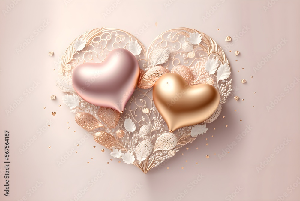 Corazón realista formado por joyería y encaje, dorada, rosa, bronce ...