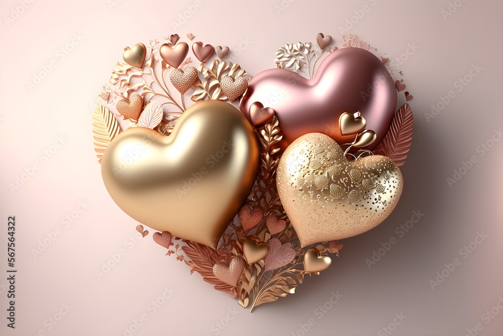 Corazón realista formado por joyería metálica, dorada, rosa, bronce ...