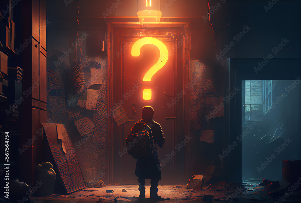 large orange question mark on a door in a cyberpunk city, generative ai ...