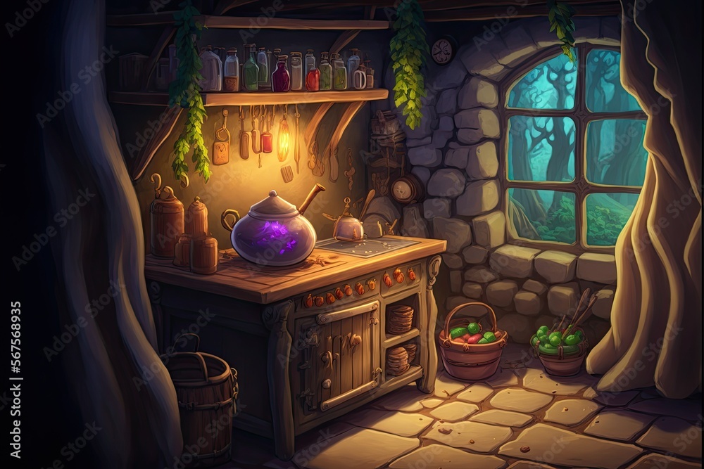 cozy gnome kitchen, fantay role playing game scene in a house with pots ...