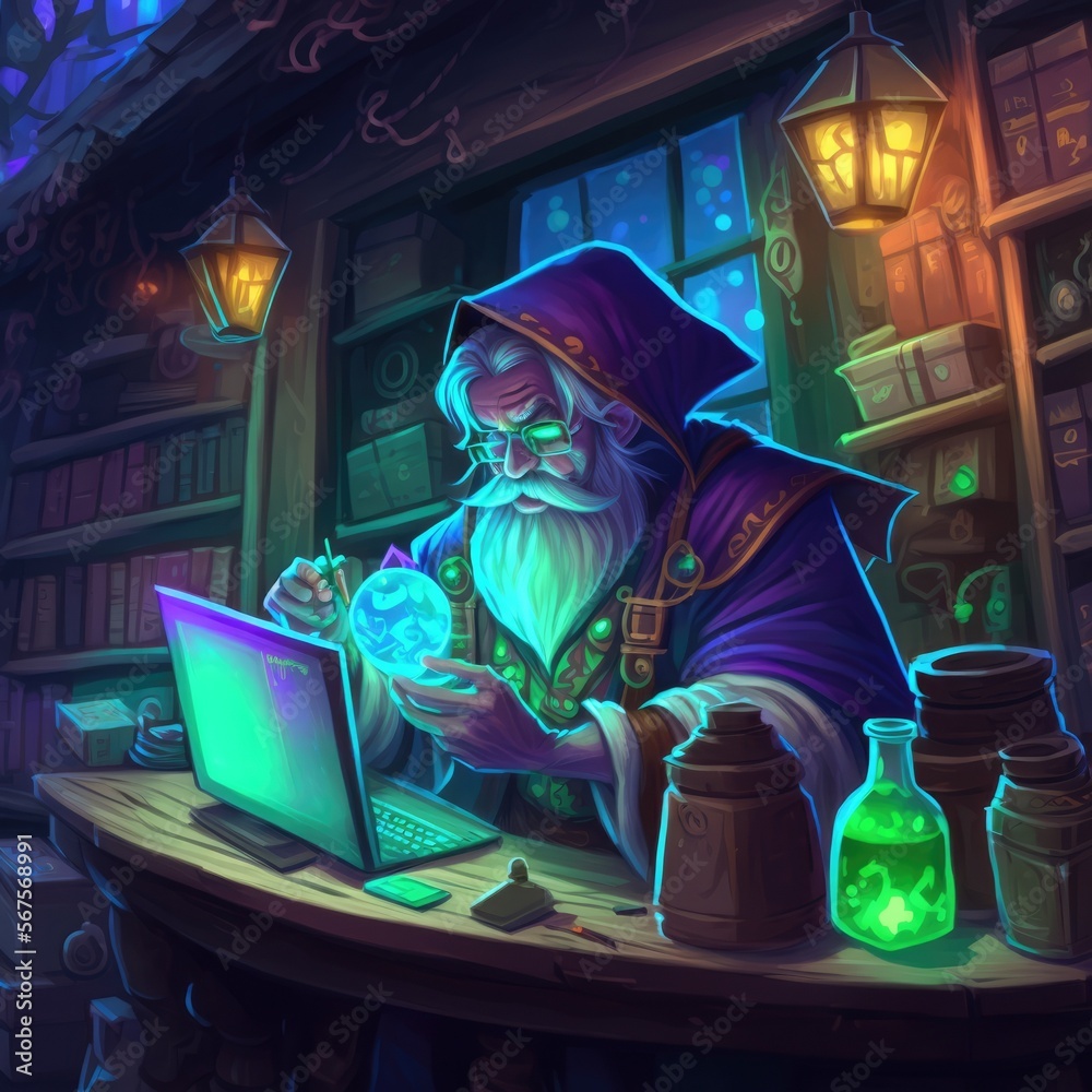 The modern alchemist: a wizard using a laptop computer on a desk full ...