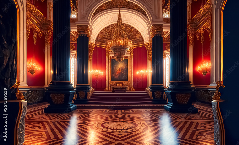 A realistic fantasy interior of the royal palace. golden red palace ...
