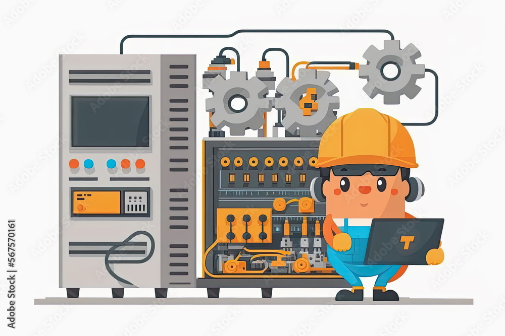 Cute cartoon characters, factory and working person using wifi ...