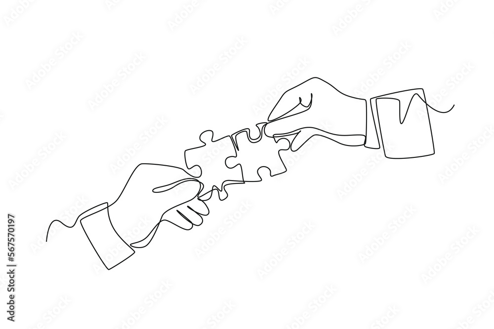 Single one line drawing Hands connecting jigsaw puzzle. Human relation ...