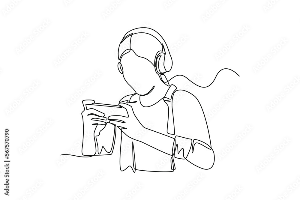 Continuous one line drawing happy female using headset playing online ...