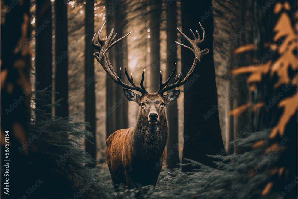 Powerful deer in the middle of the forest with a beautiful backlight ai ...