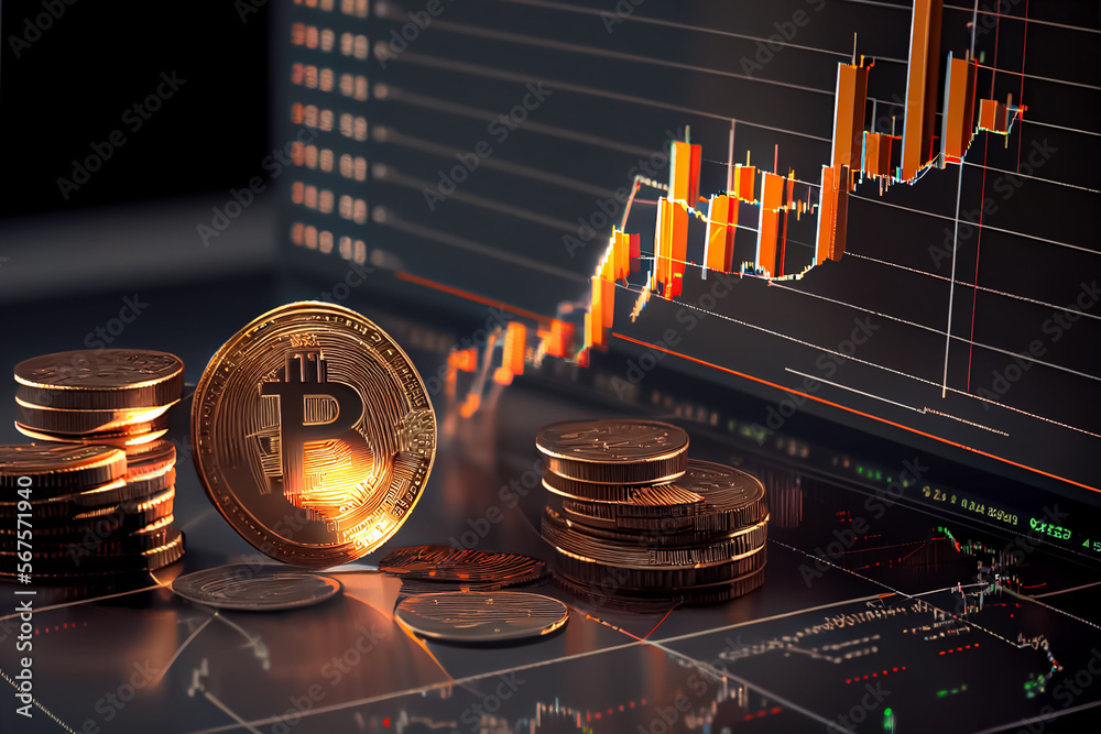 Bitcoin coins and trading chart scene Stock Illustration | Adobe Stock