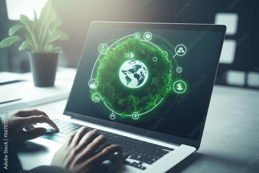 A freelancer using a laptop, ECO software development, programming and ...