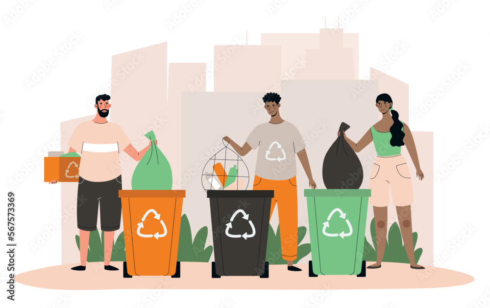 Waste sorting concept. Men and young girl near colorful containers ...