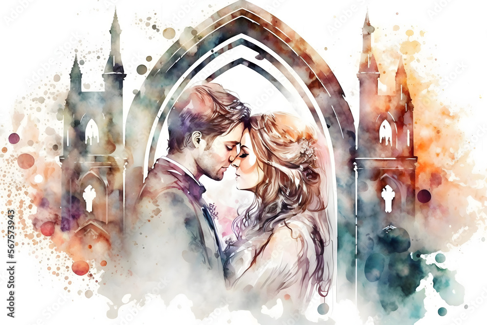 Watercolor illustration of engaged couple surrounded by hearts. Married ...