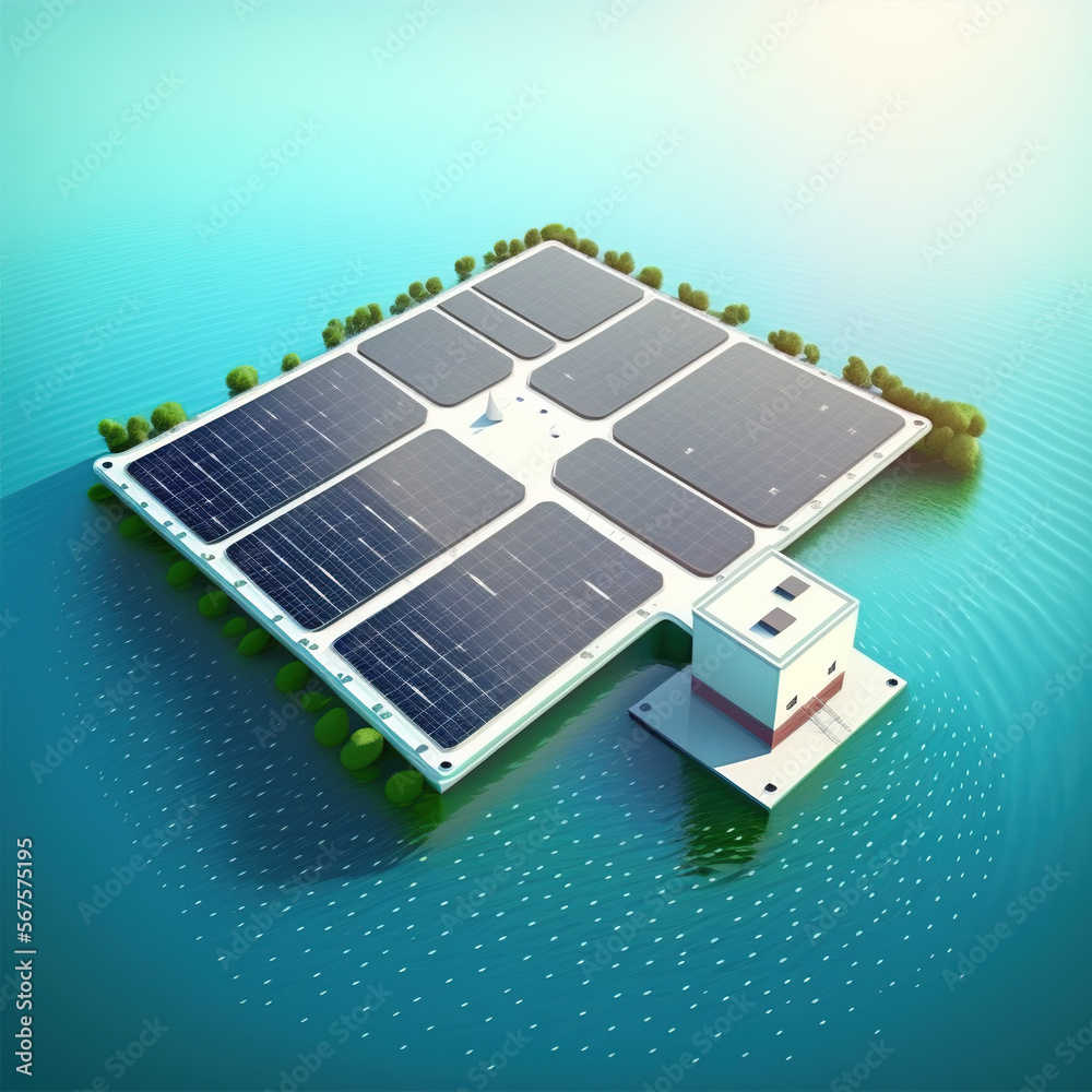 solar panels or solar cells are seen atop a buoy floating in a lake ...