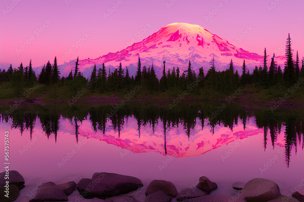 Pink Sunset Light on Mount Rainier in The Cascade Range Made With ...