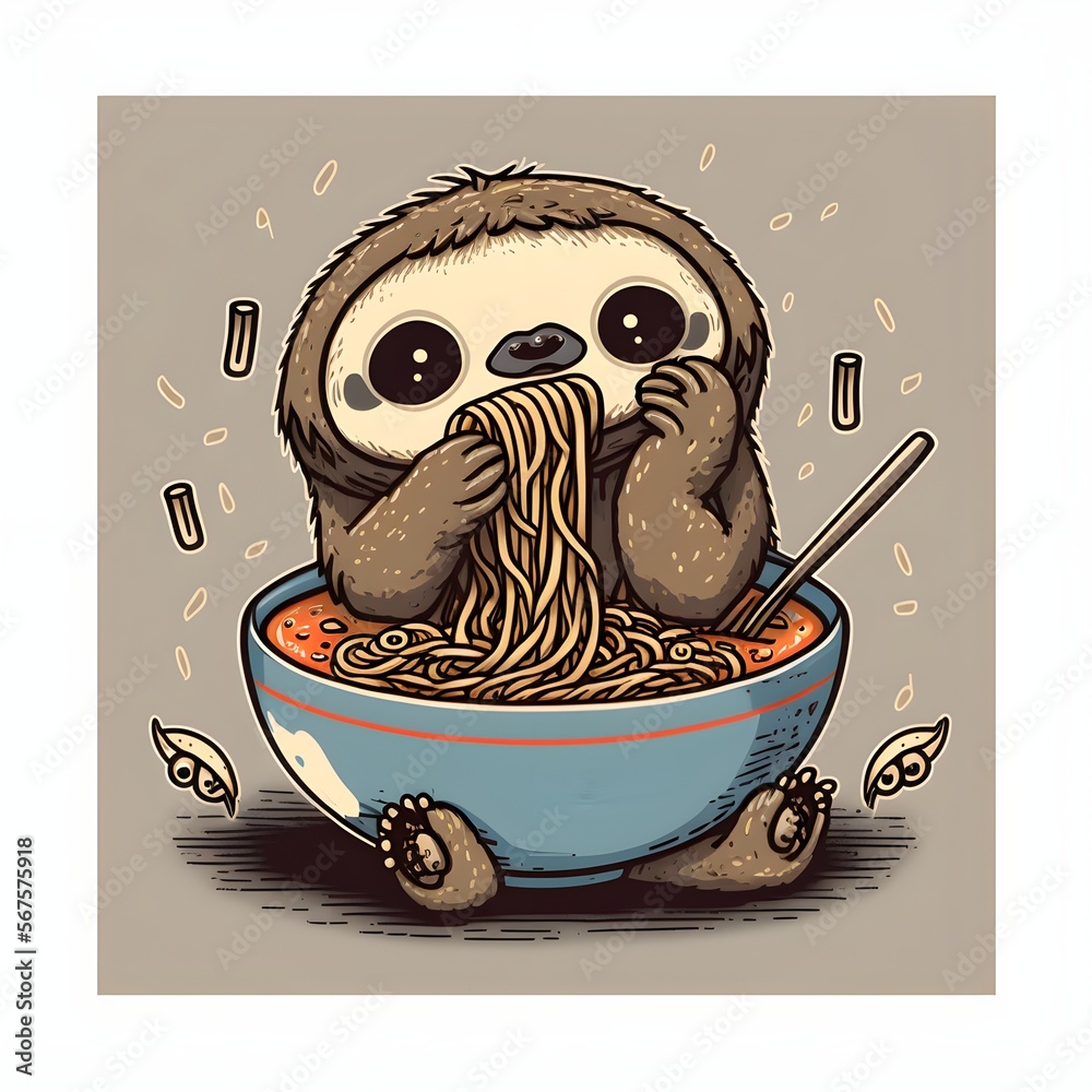 handdrawn sloth eating ramen cute illustration cartoon no background ...