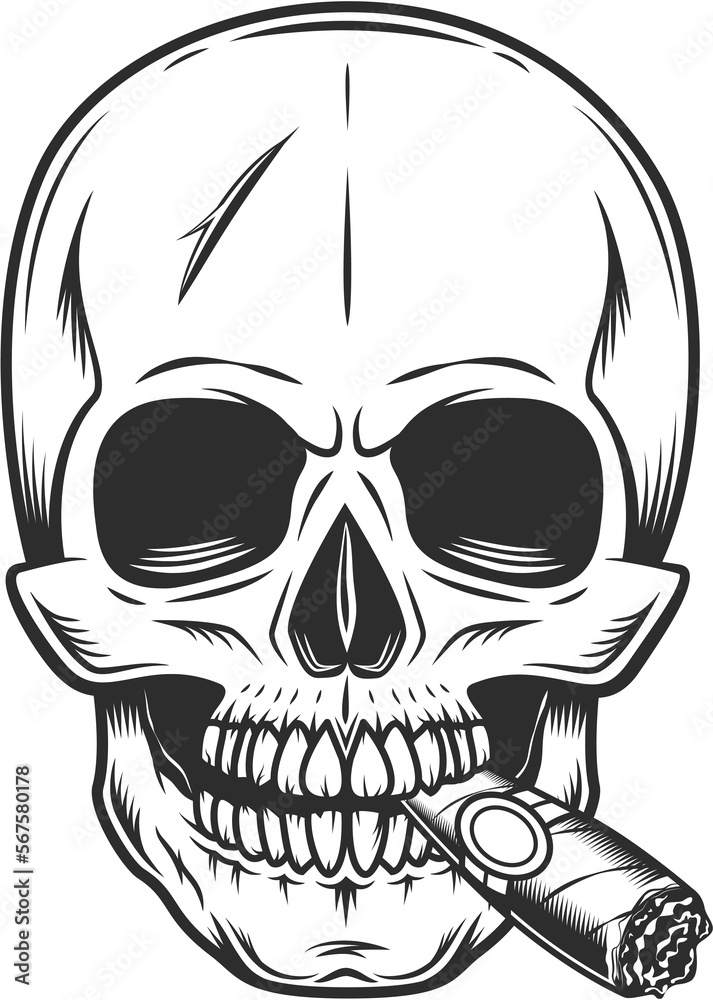 Vintage scary human skull smoking cigar or cigarette smoke tattoo ...